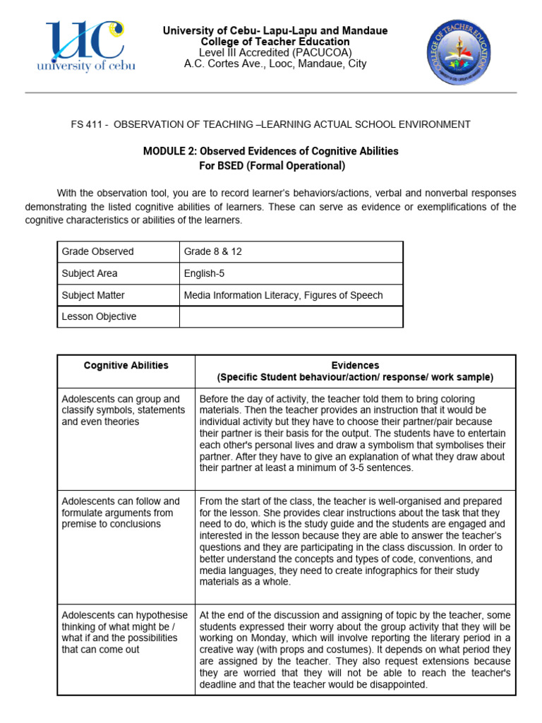 Module 2 Cognitive Abilities | PDF | Learning | Teachers