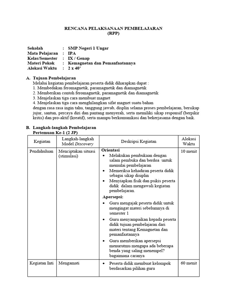 RPP IPA Kelas IX: Kemagnetan dan Pemanfaatannya | PDF