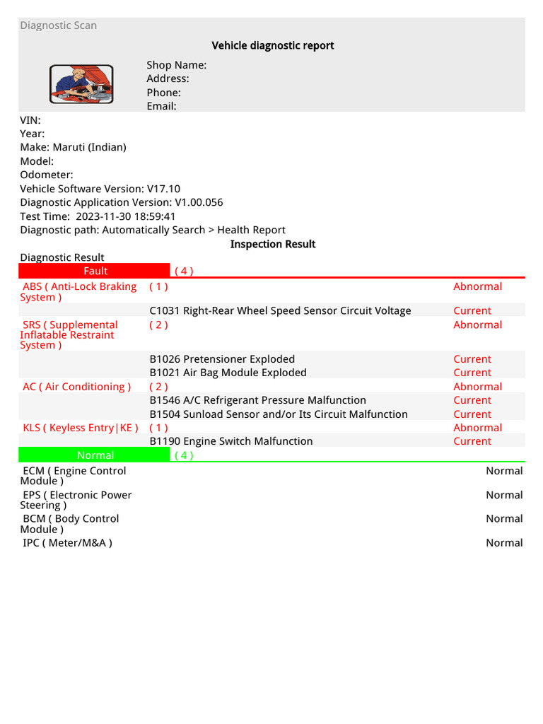 Maruti Diagnostic Report: DTCs B1504, C1031, B1190 | PDF