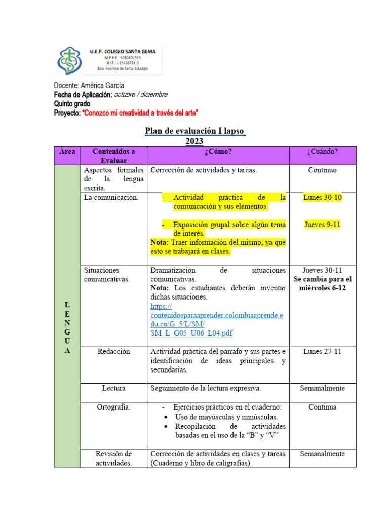 Plan de Evaluacion de 5to Grado. Primer Lapso Santa Gema | PDF