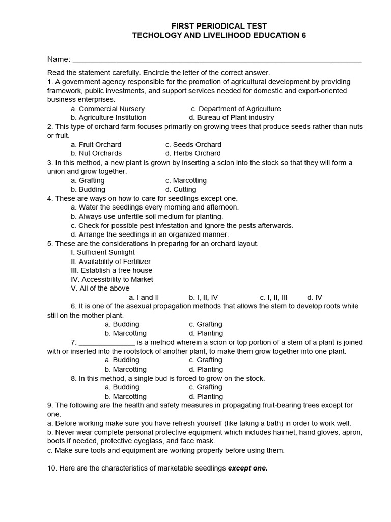 First Periodical Test in Tle 6 | PDF | Grafting | Plants First Periodical Test in Tle 6 | PDF | Grafting | Plants