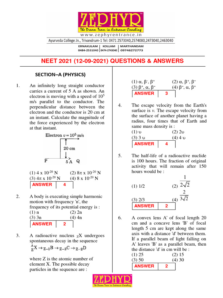 NEET 2021 Question Paper & Answers | PDF | Dipole | Inductor