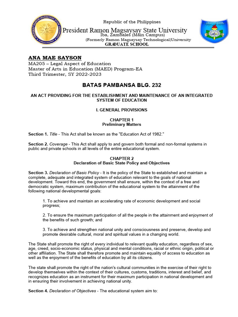 Batas Pambansa Blg. 232 & Ra 10931 Report - Ana Mae Sayson | PDF | Cost ...