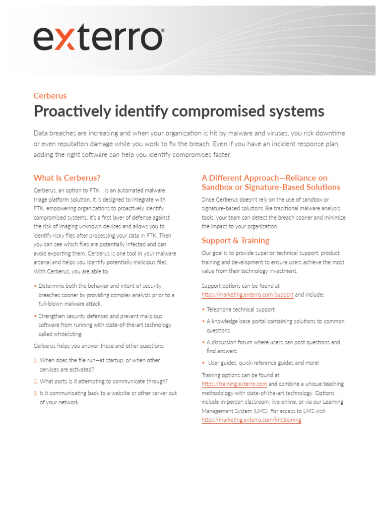 Exterro Cerberus Data Sheet | PDF | Malware | Secure Communication