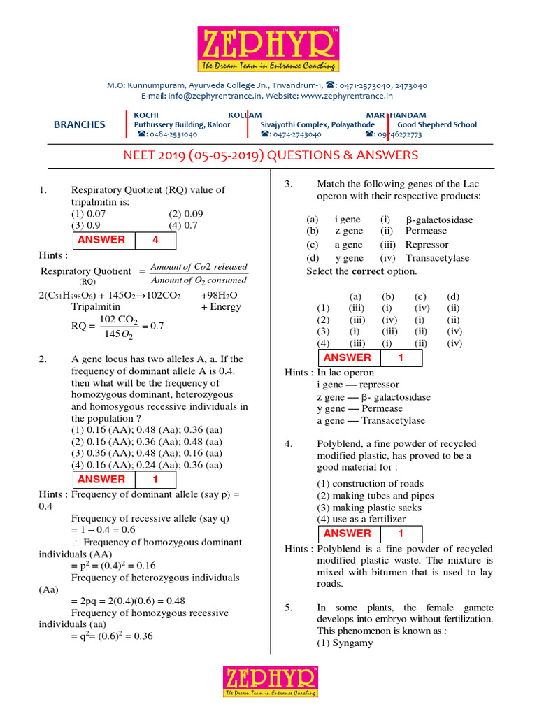 NEET 2020, Previous Year NEET Question Paper With The Answer Key For ...