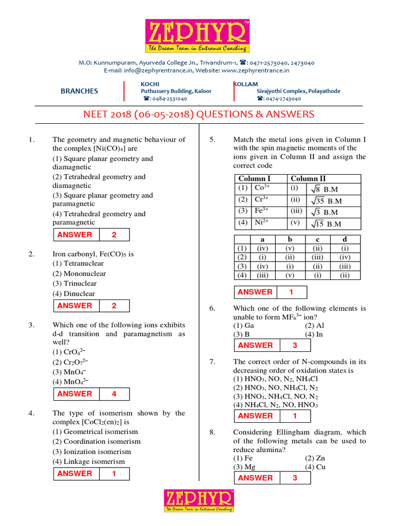 NEET 2019, Previous Year NEET Question Paper With The Answer Key For ...