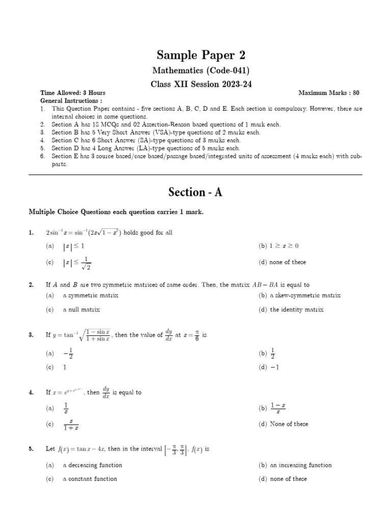 Sample QP 2 - 12th Maths - Pre Board Feb 2023 - 2024 | PDF | Geometry | Mathematical Analysis