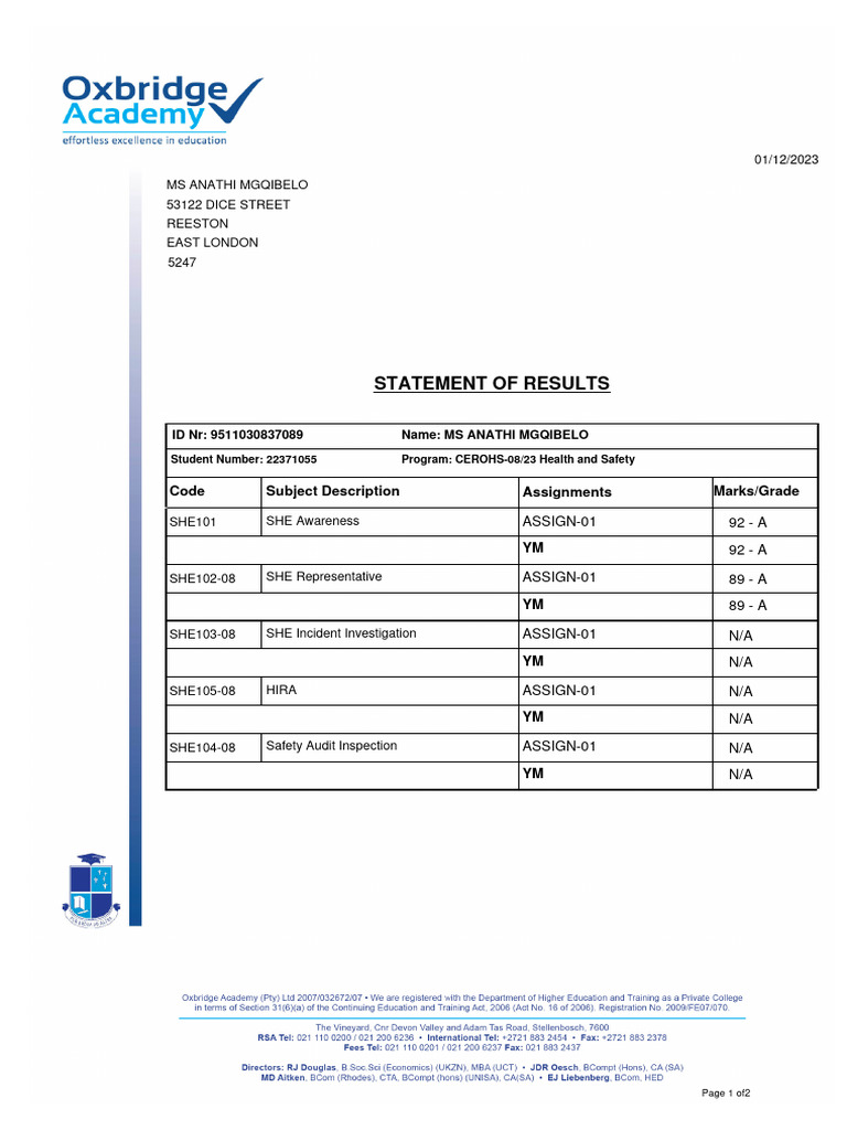 Result Statement | PDF