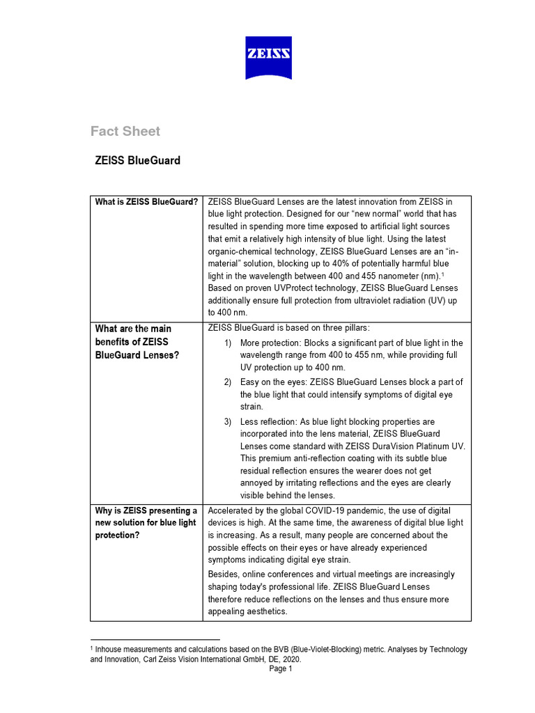 ZEISS BlueGuard: Advanced Blue Light Protection | PDF | Light | Ultraviolet
