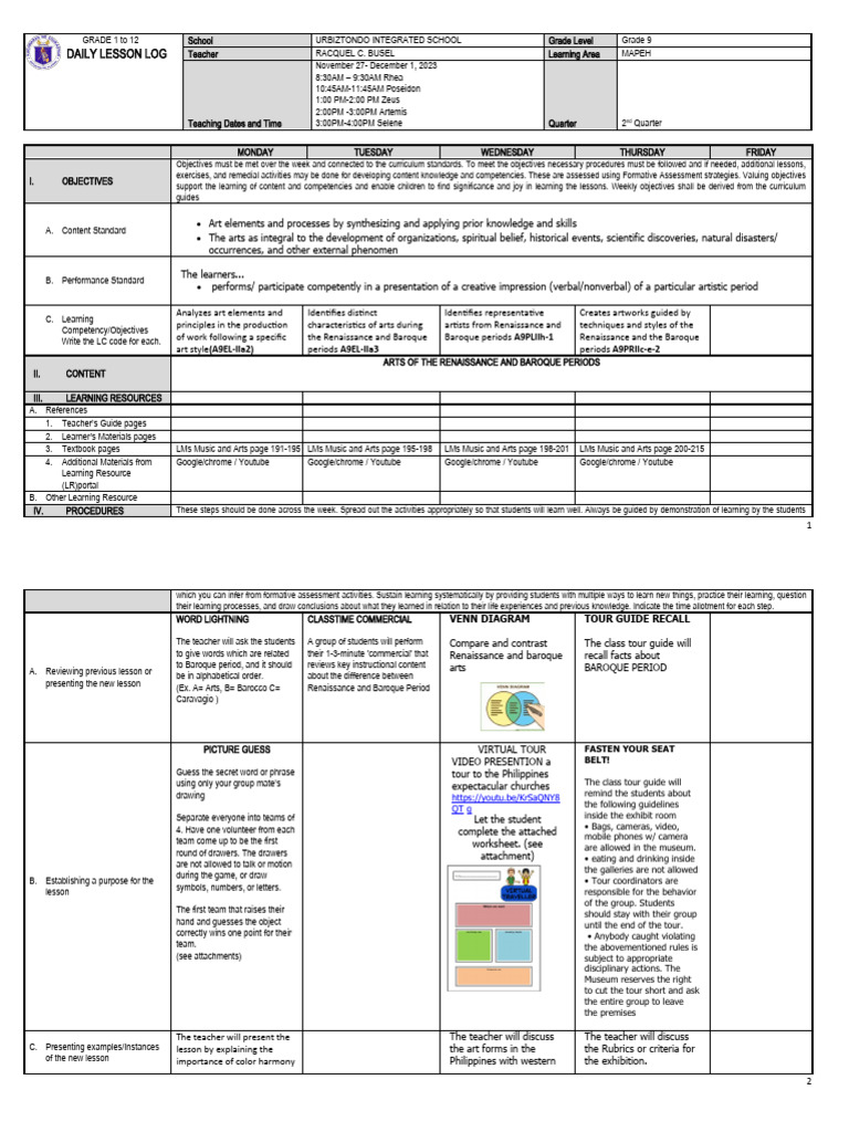 Dll-Arts 2Q Week 1 | PDF | Learning | Teachers