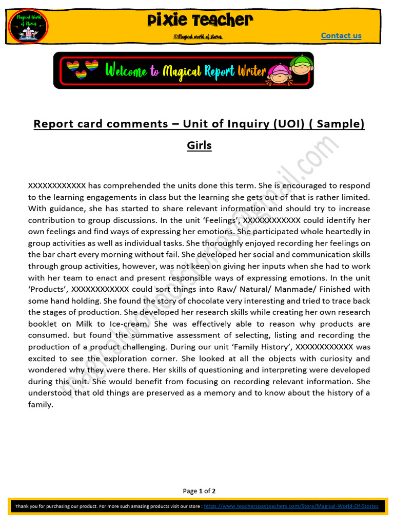 Pixie Teacher: Report Card Comments - Unit of Inquiry (UOI) (Sample ...