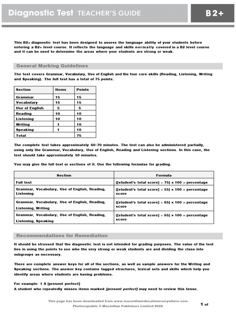 B2PLUS Diagnostic Test Teacher's Guide Answer Key | PDF | Verb | Languages