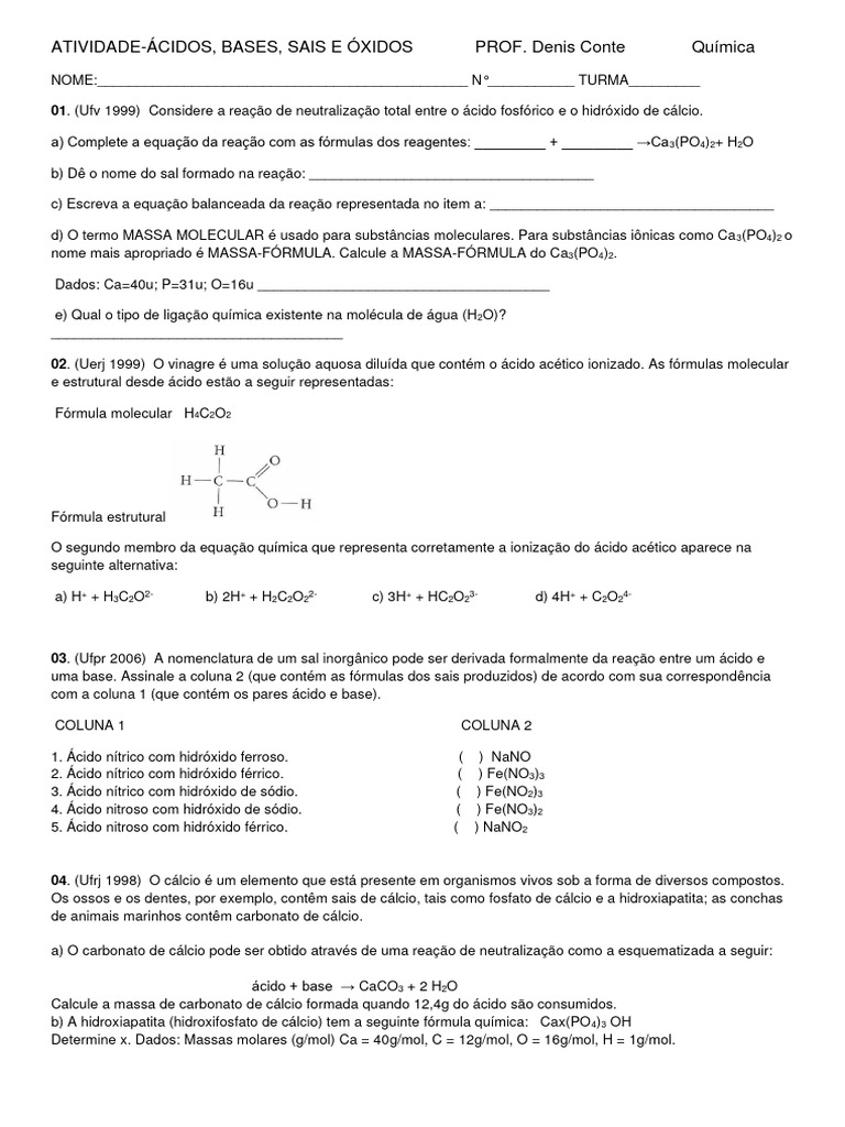 ATIVIDADE Sais Oxidos Acidos Bases | PDF | Sal (Química) | Cálcio