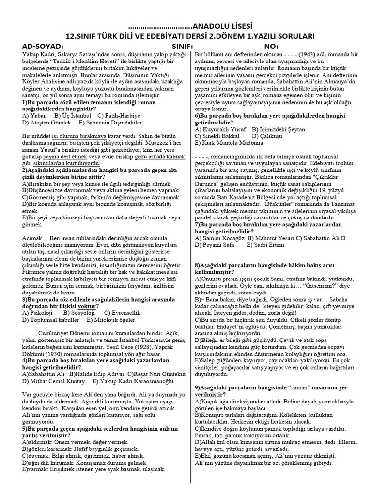 12.sinif Turk Dili Ve Edebiyati Dersi 2.donem 1.yazili Sorulari Ve Cevaplari | PDF