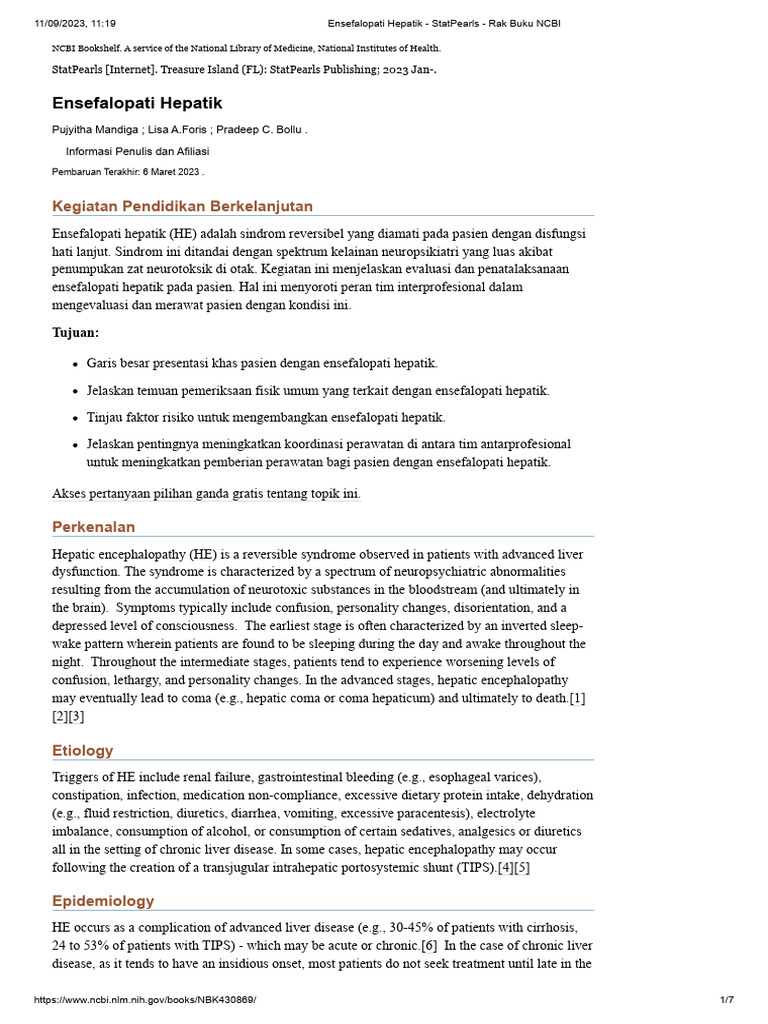 Ensefalopati Hepatik - StatPearls - Rak Buku NCBI | PDF