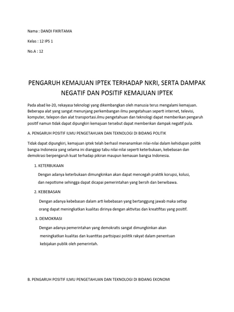 Xii Ips 1 PKN Rangkuman Perkembangan Iptek Dan Dampaknya | PDF