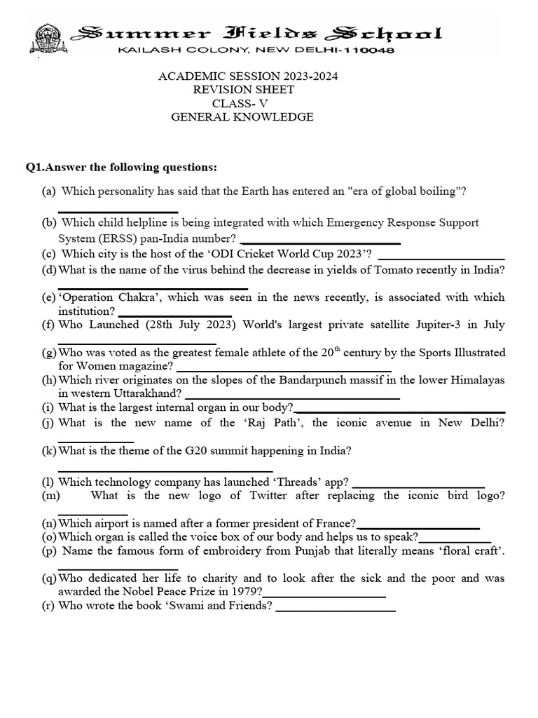 Class V GK Sa1 Revision Sheet 2023-2024 | PDF | Games & Activities ...