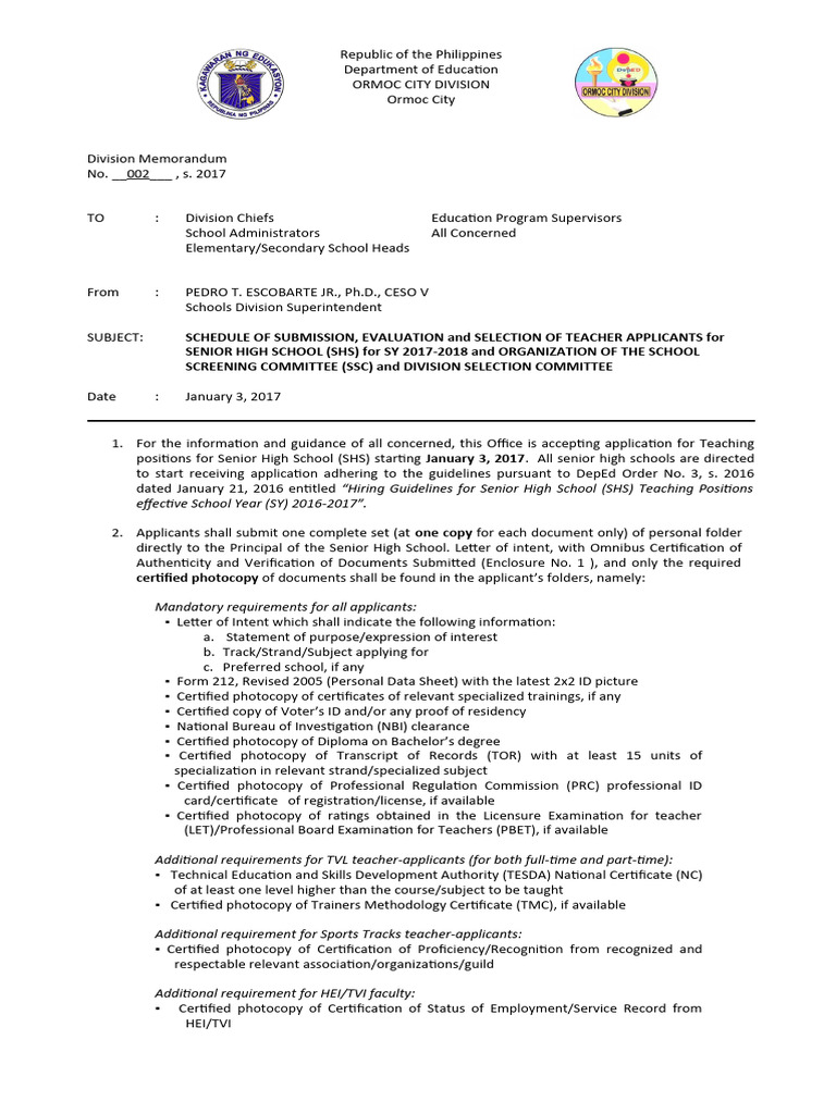 Memo Teacher Applicants 2017-2018 | PDF | Teachers | Identity Document