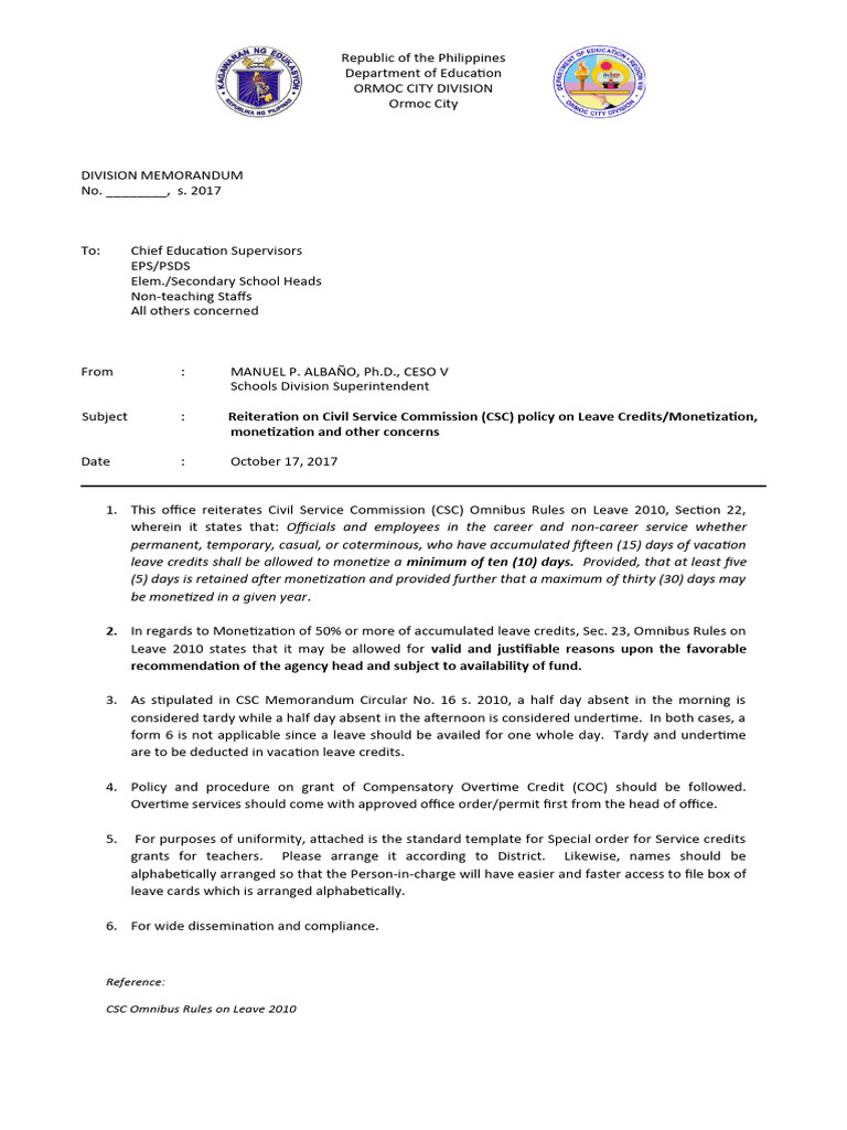 Reiteration CSC Policy Leave Monetization | Download Free PDF ...