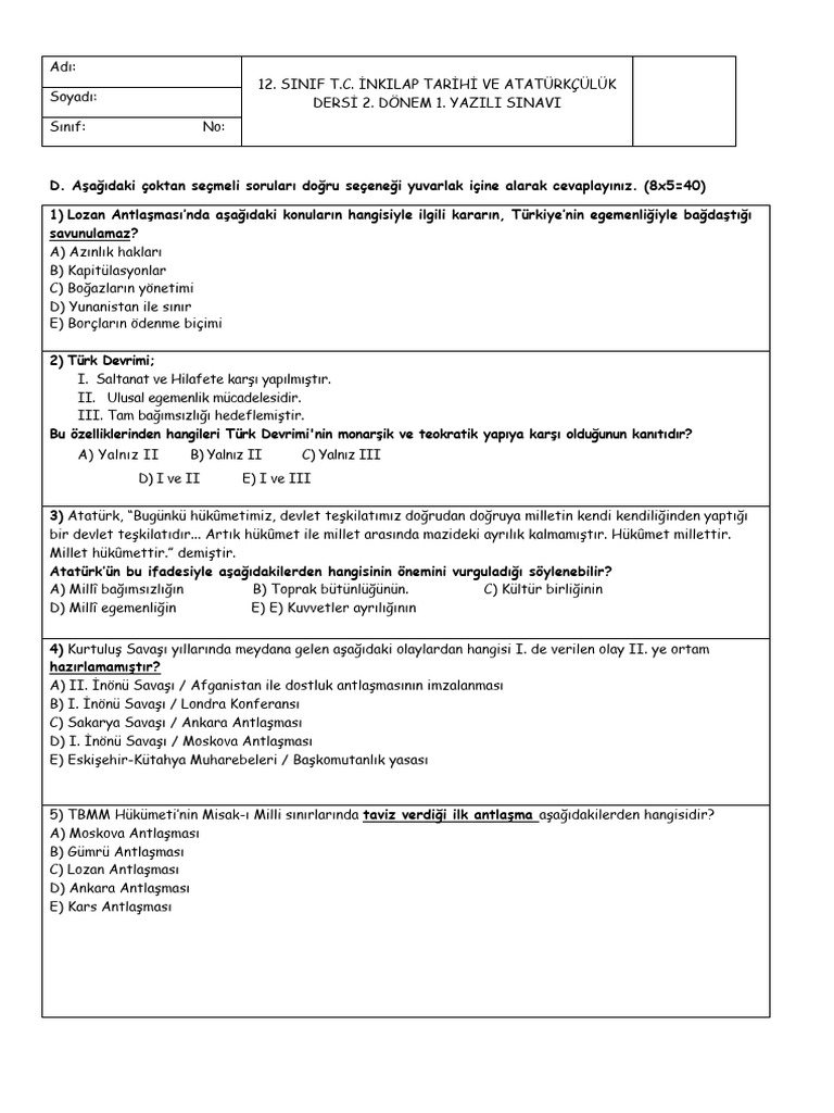 12.sinif Inkilap Tarihi 1.donem 1.yazili Sorulari 2021 2022 | PDF