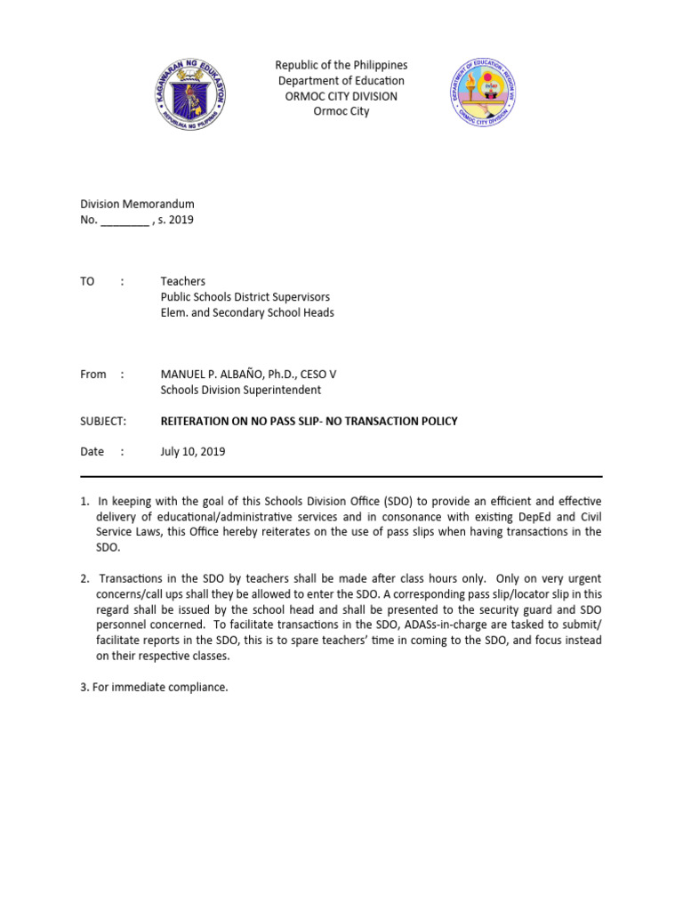 Memo No Pass Slip Policy | PDF