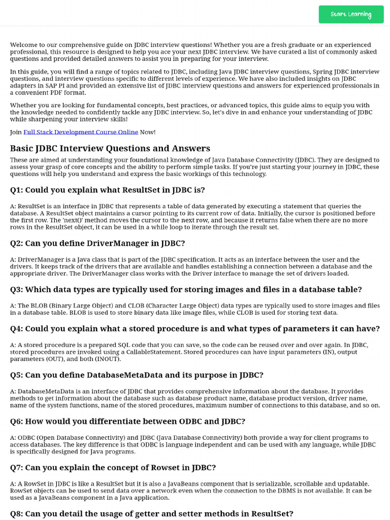 JDBC Interview Questions - Driver, API, Practical, Advanced (2023) | PDF