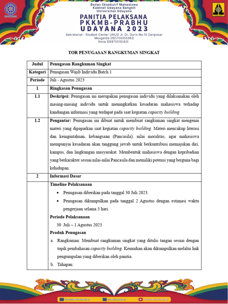 TOR Penugasan Rangkuman CB PKKMB PRABHU UDAYANA 2023 | PDF