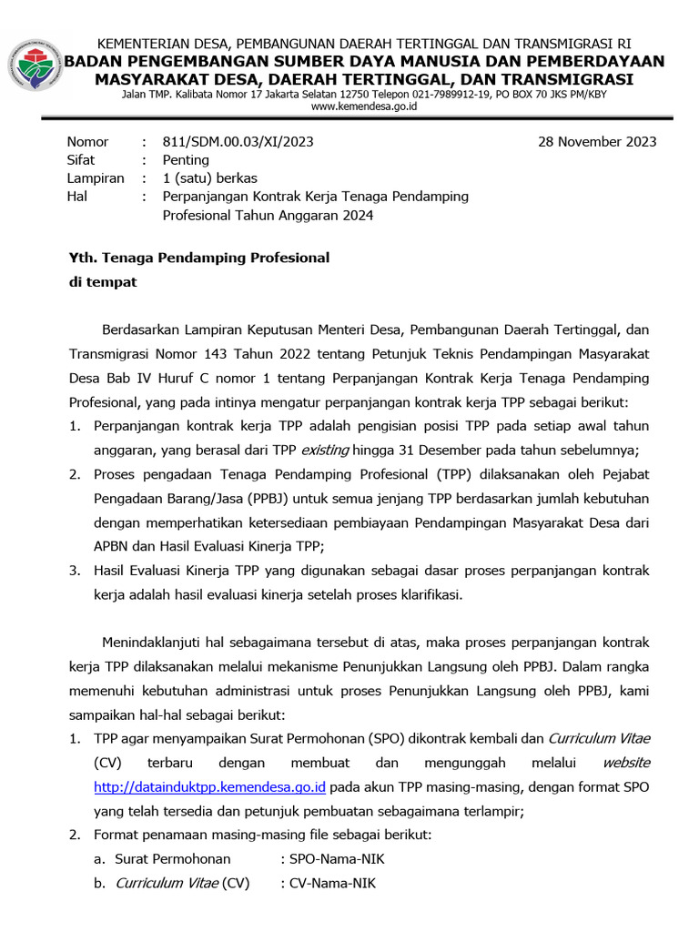 Kepala BPSDM - Perpanjangan Kontrak Kerja TPP 2023-2024 | PDF