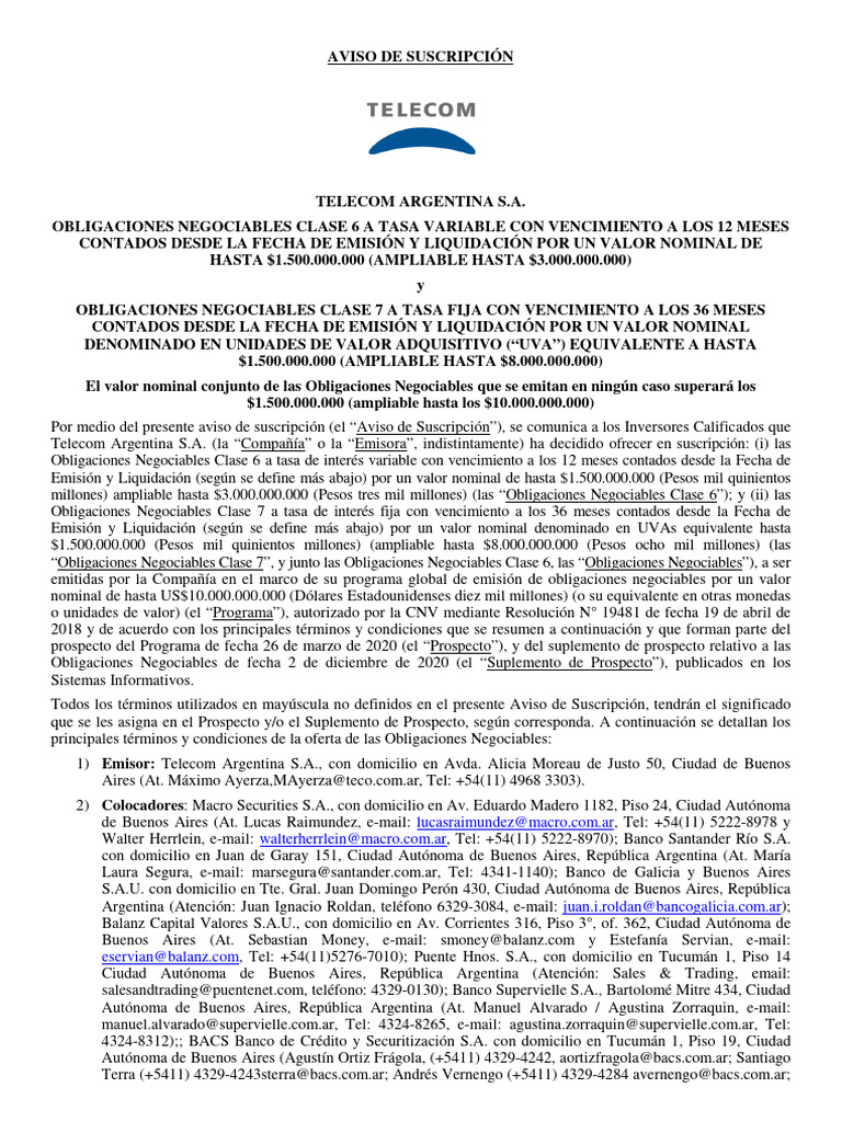 Telecom ONs Clases 6 y 7 Aviso Suscripcion | PDF | Interés | Subasta Telecom ONs Clases 6 y 7 Aviso Suscripcion | PDF | Interés | Subasta