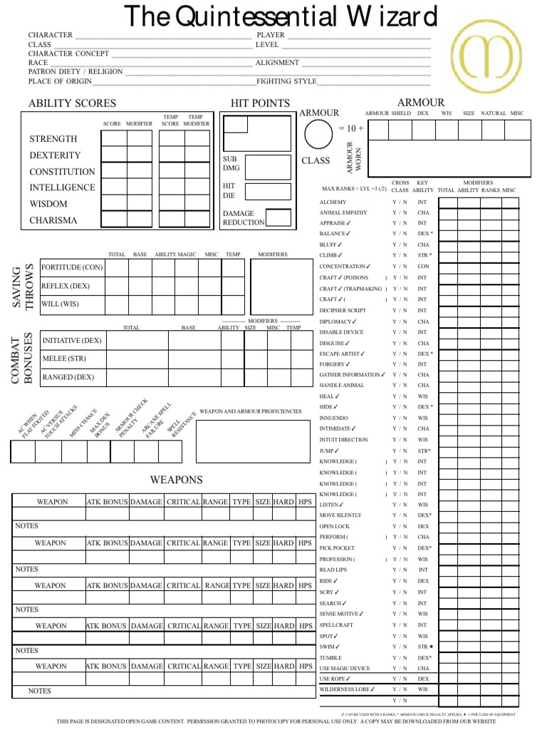 The Quintessential Wizard Character Sheet | PDF | Hobbies | Fantasy ...