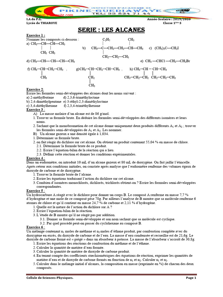 Exercices corrigés sur les alcanes | PDF | Alcane | Stœchiométrie