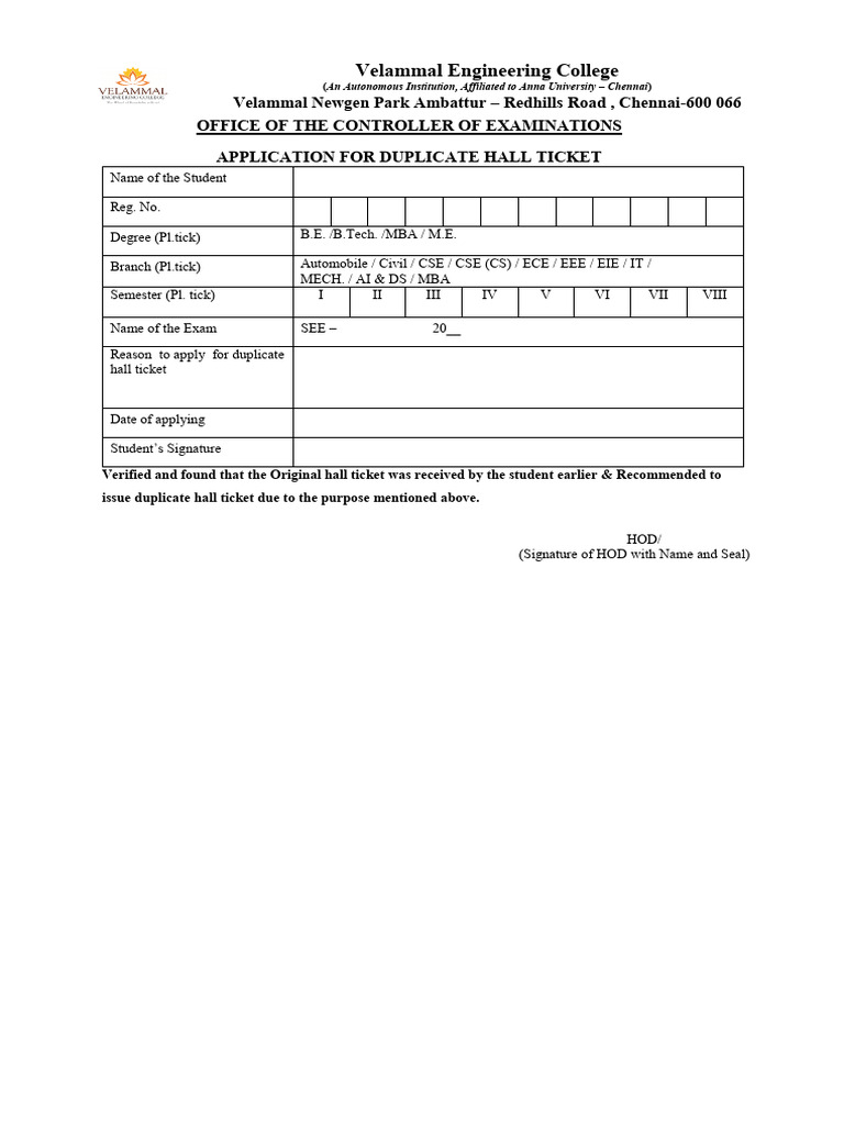 Duplicate Hall Ticket Application Form | PDF