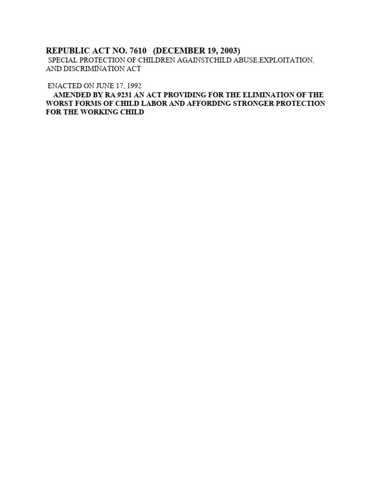 Republic Act 7610: Child Protection Law | PDF | Child Abuse | Justice