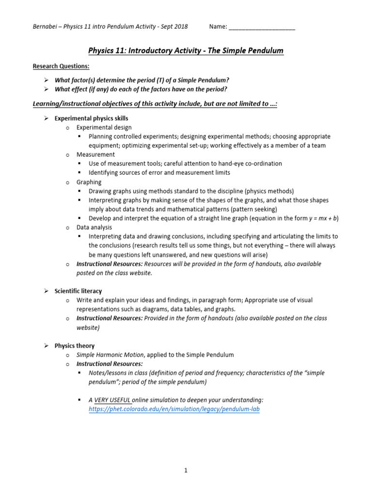 Physics 11 - Pendulum Activity Parts 1 To 3 | PDF | Pendulum | Experiment