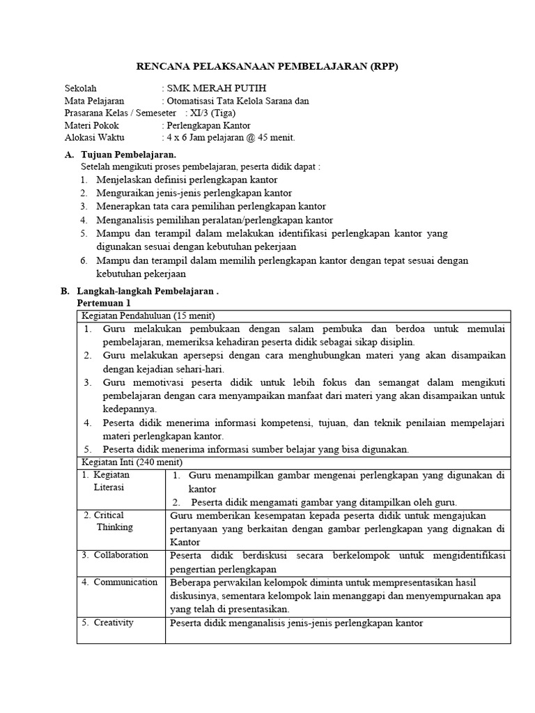 RPP KD 4 OTK SARPRAS KELAS XI SMK SEMESTER GANJIL TAHUN 2021 2022 Bank-Soal - Id - Compressed | PDF