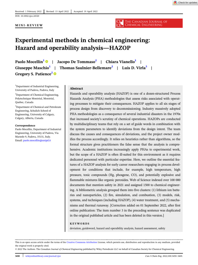 Can J Chem Eng - 2022 - Mocellin - Experimental Methods in Chemical Engineering Hazard and ...
