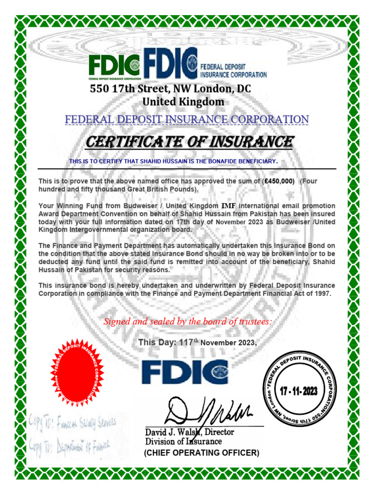 FDIC Insurance Certificate for Funds | PDF