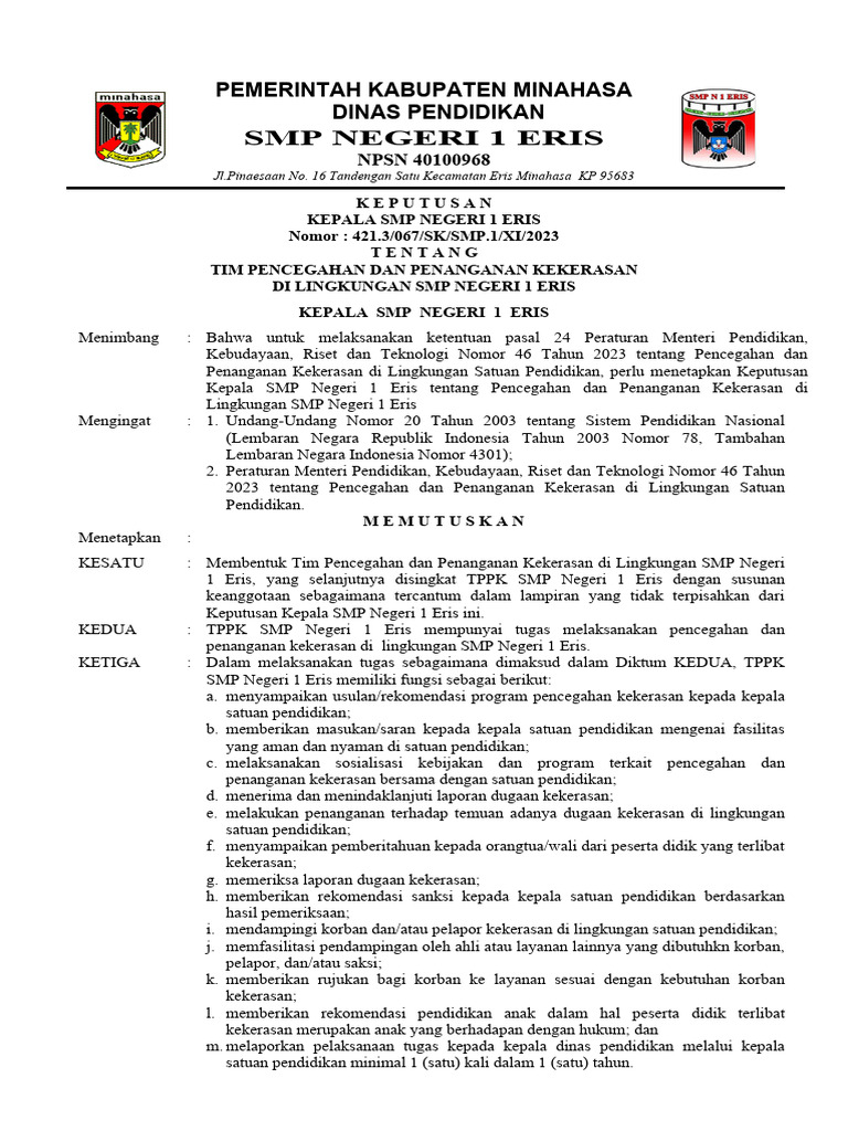 SK Tim Pencegahan & Penanganan Kekerasan | PDF