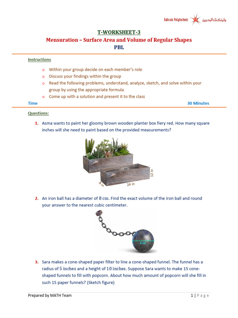 T - Worksheet-3 - PBL - Mensuration - Surface Area and Volume | PDF