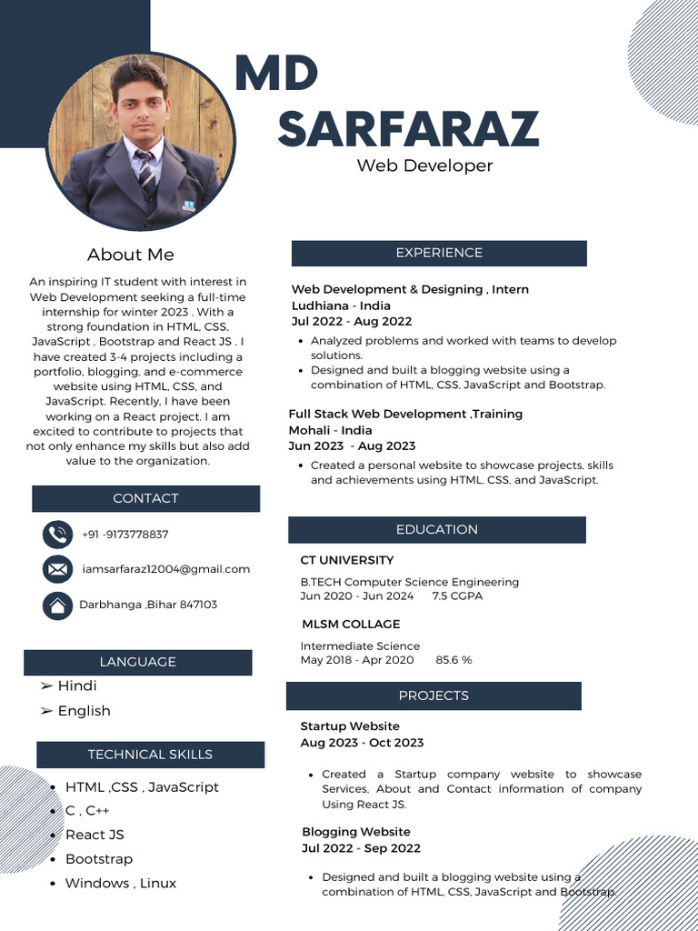 MD Sarfaraz-Resume | PDF | Bootstrap (Front End Framework) | Java Script
