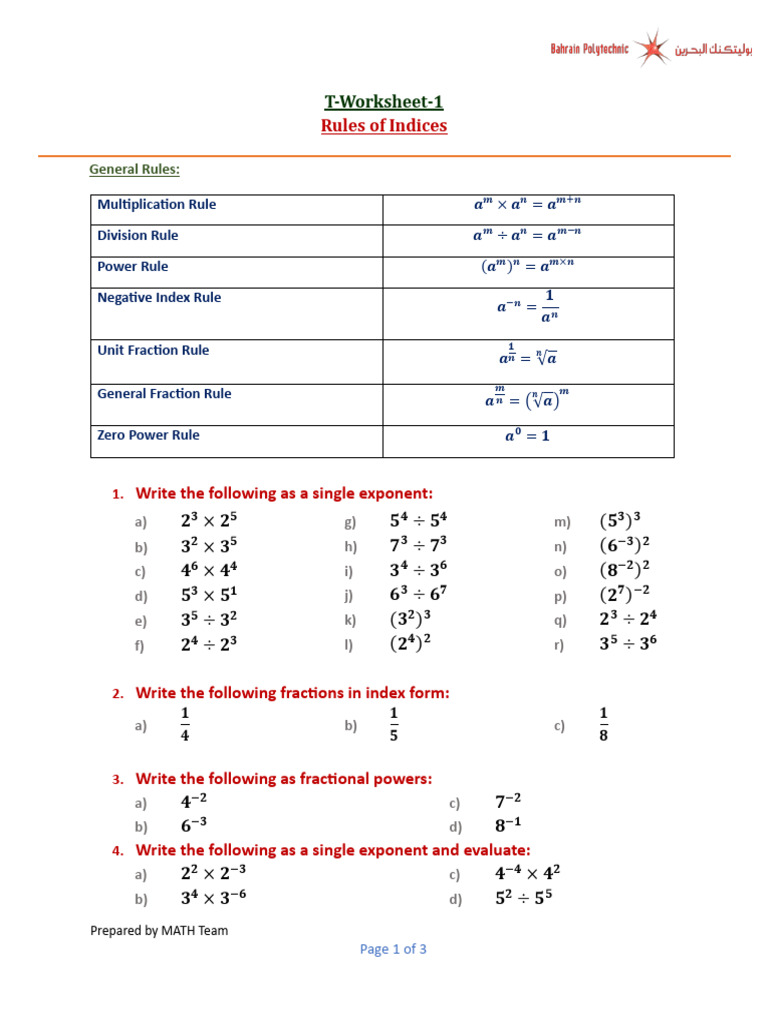 T - Worksheet-1 - Rules of Indices (Week 13) | PDF | Mathematics ...