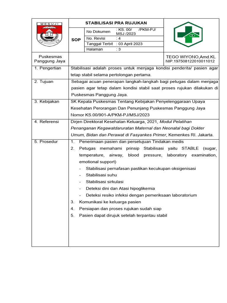 Sop Stabilisasi Pra Rujukan | PDF