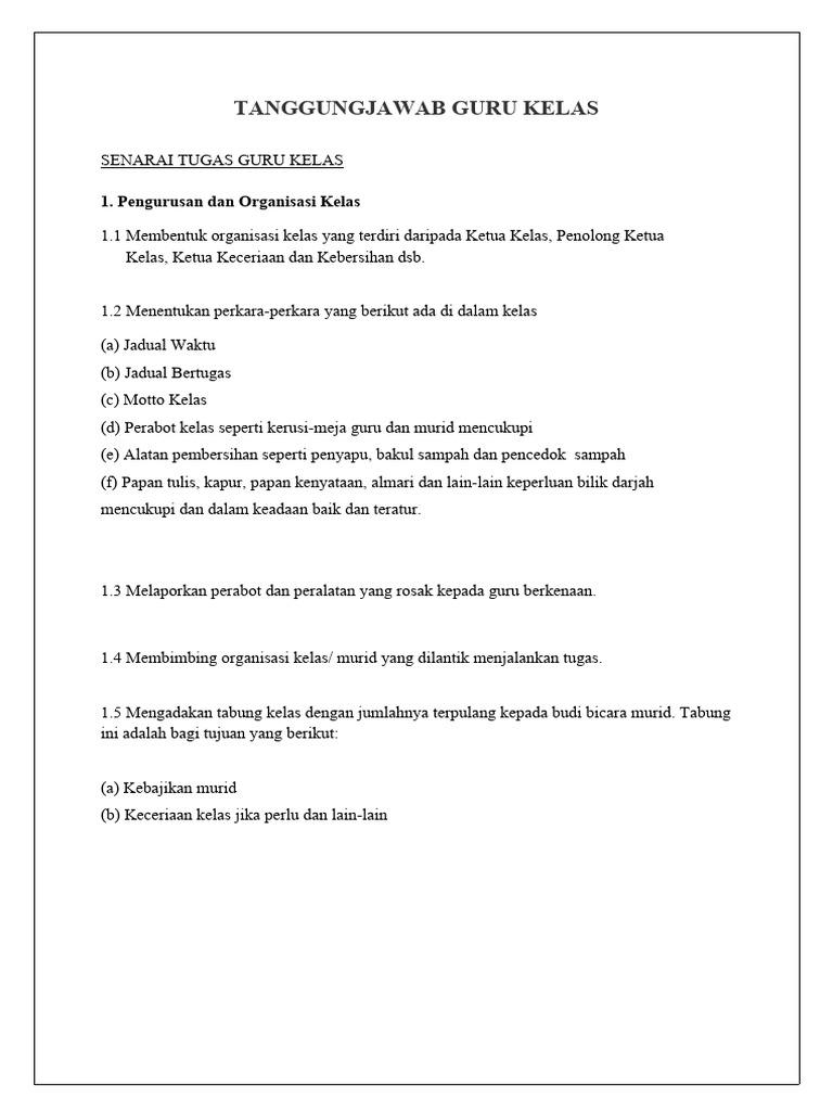 Tanggungjawab Guru Kelas SENARAI TUGAS G | PDF | Perjalanan | Kajian ...