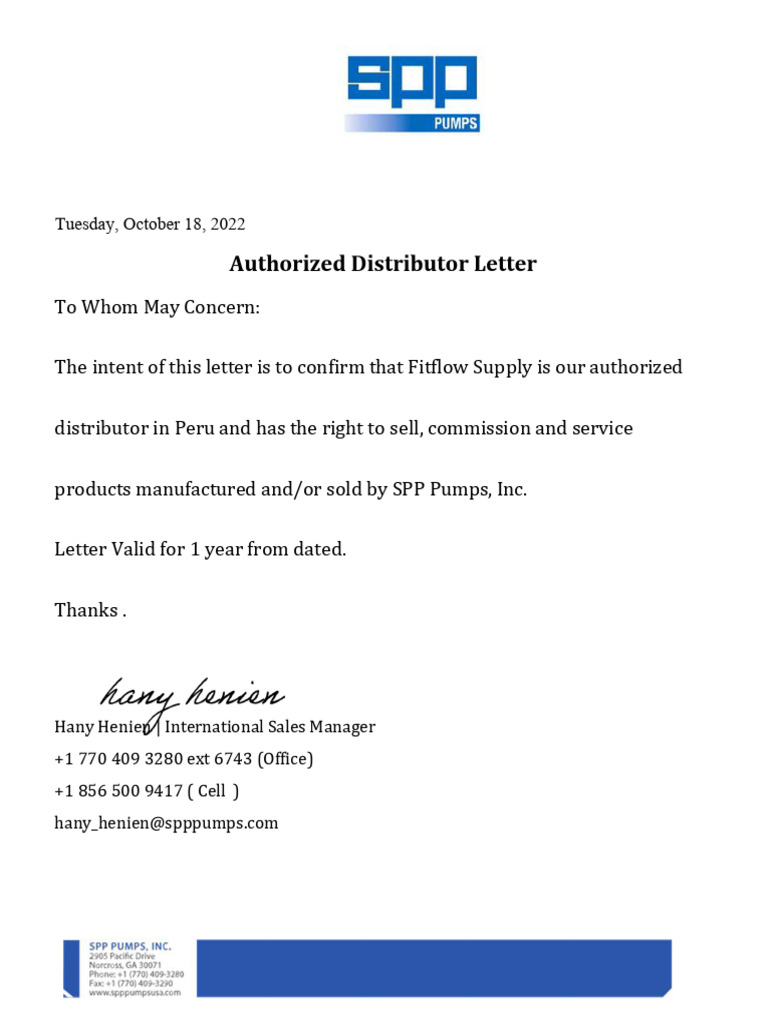 Authorized Distributor Letter Peru - SPP PUMPS | PDF | Business ...
