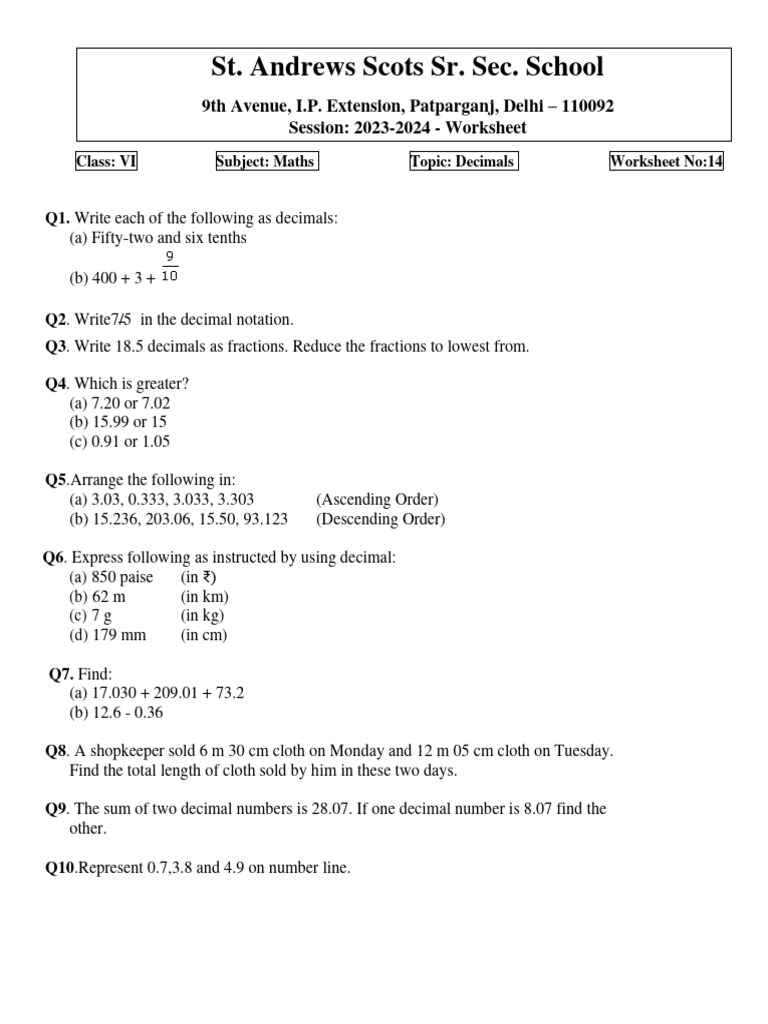 Class 6 Decimals Worksheet 2023-24 | PDF | Teaching Methods & Materials