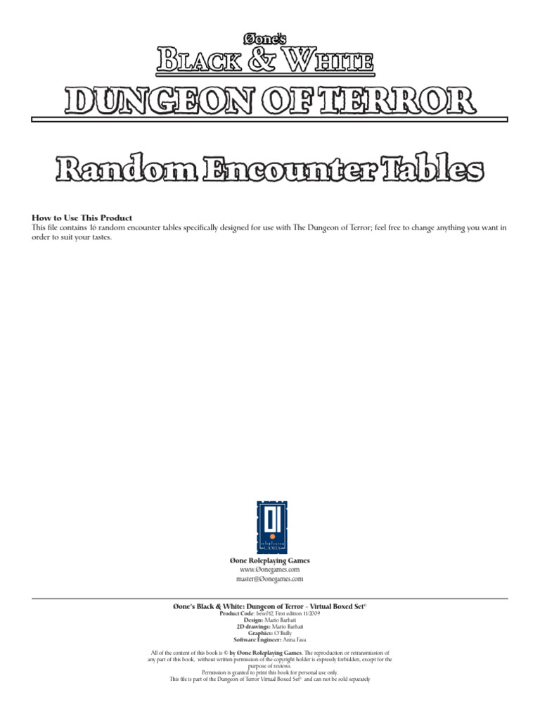 BEW012 Dungeon of Terror, Random Encounter Tables | PDF | Fantasy Creatures