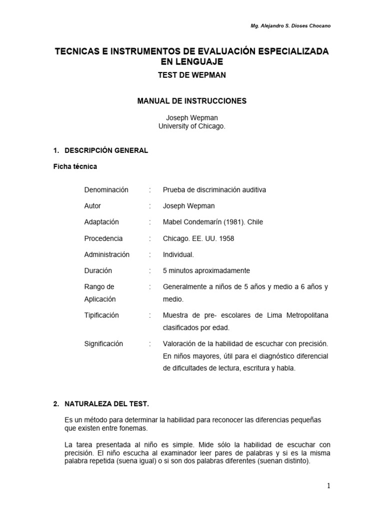 Test Wepman: Evaluación Auditiva Infantil | PDF | Lingüística ...