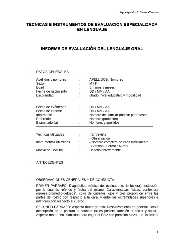 Modelo de Informe de Evaluación Del Lenguaje Oral | PDF | Oración (Lingüística) | Gramática