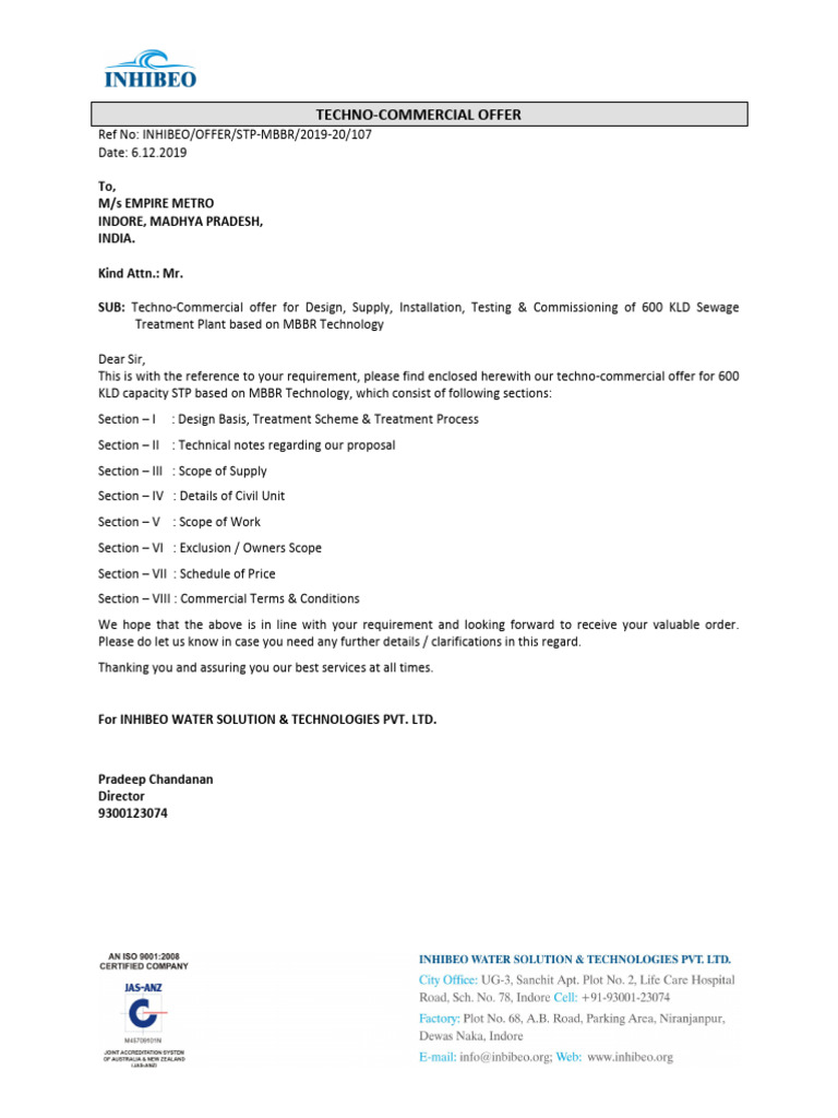 Techno-Commercial Offer For 600 KLD STP MBBR | Download Free PDF ...