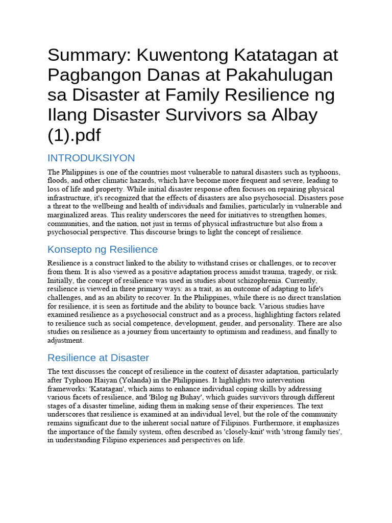 Summary: Kuwentong Katatagan at Pagbangon Danas at Pakahulugan Sa ...